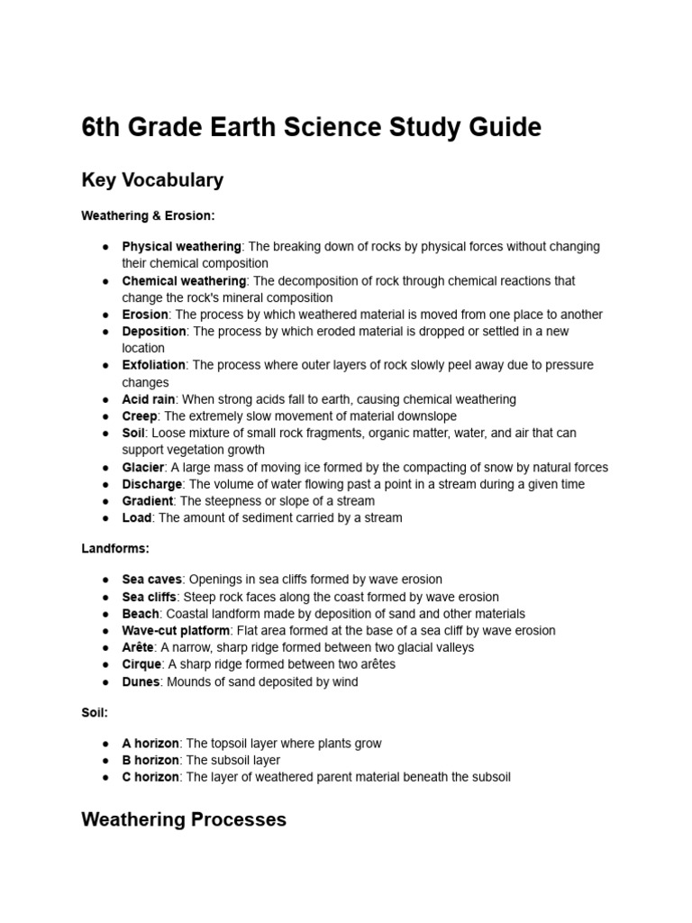 6th Grade Study Guide Summative 7 | PDF | Erosion | Weathering