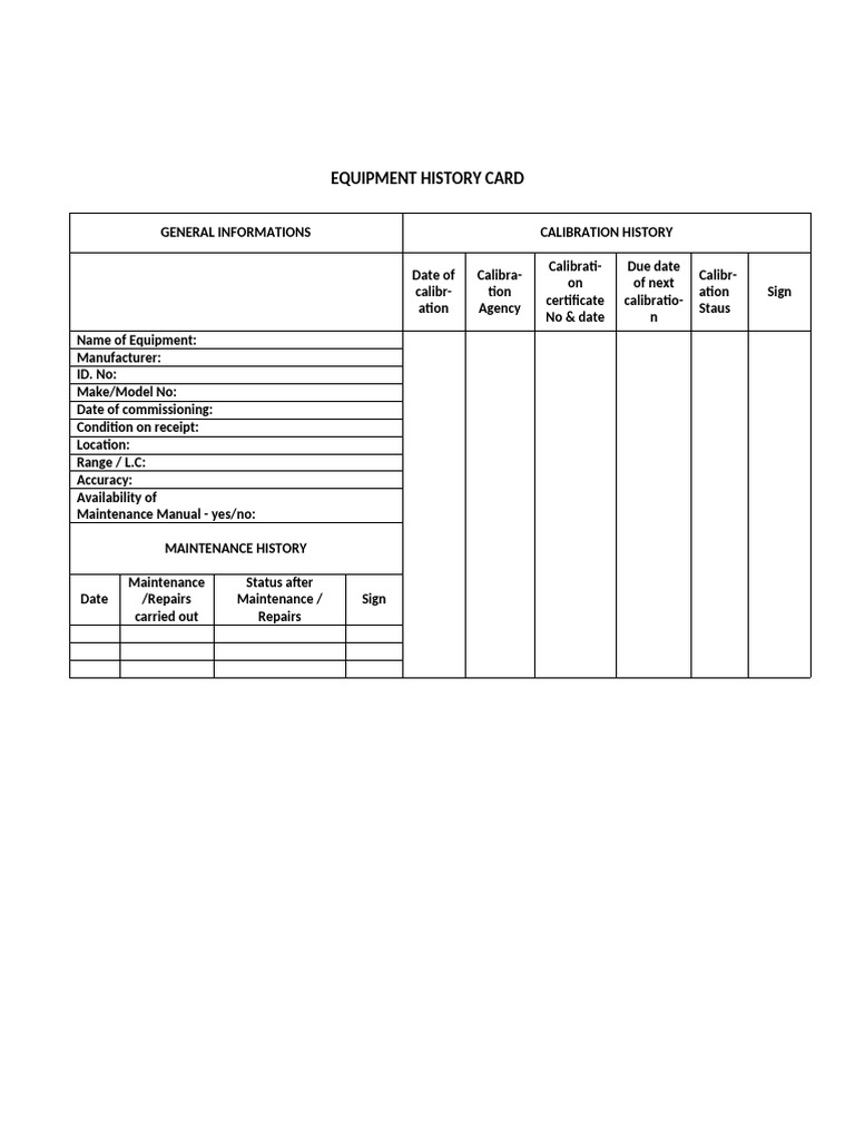 Equipment History Card | PDF