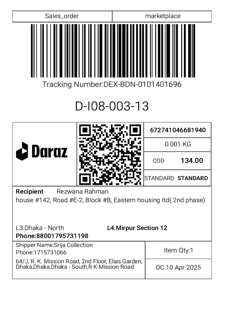 Daraz Pickup Details for Dhaka Orders | PDF