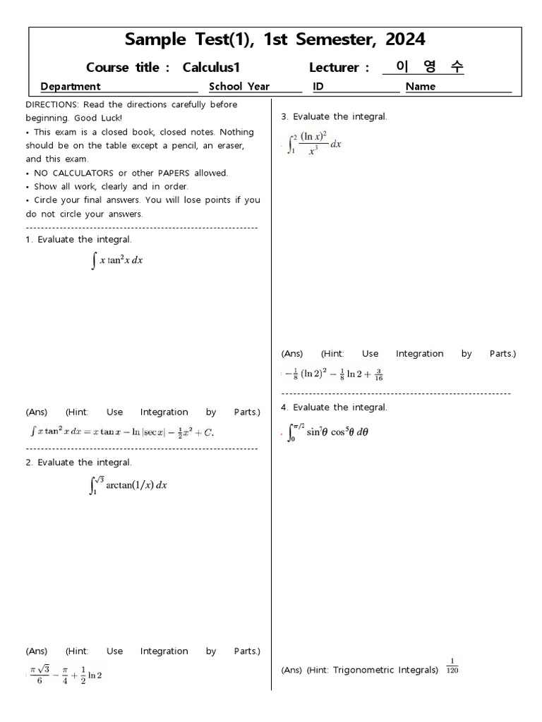 2024-1 Calculus-Final Exam-Sample Test | PDF