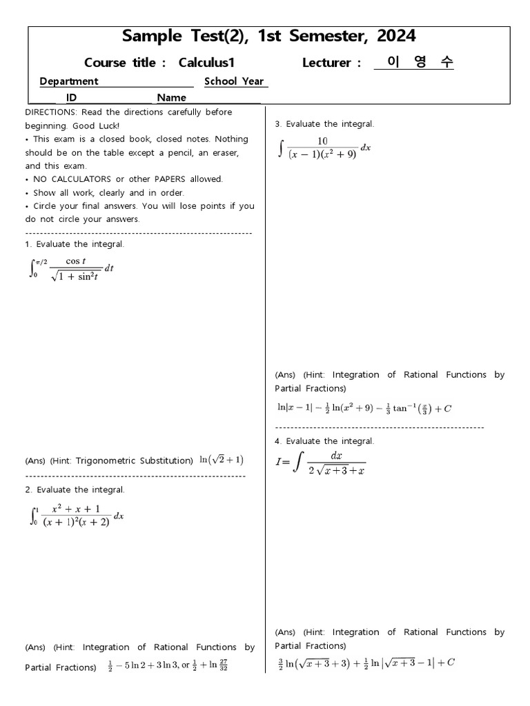 2024-1 Calculus-Final Exam-Sample Test | PDF | Integral | Function ...
