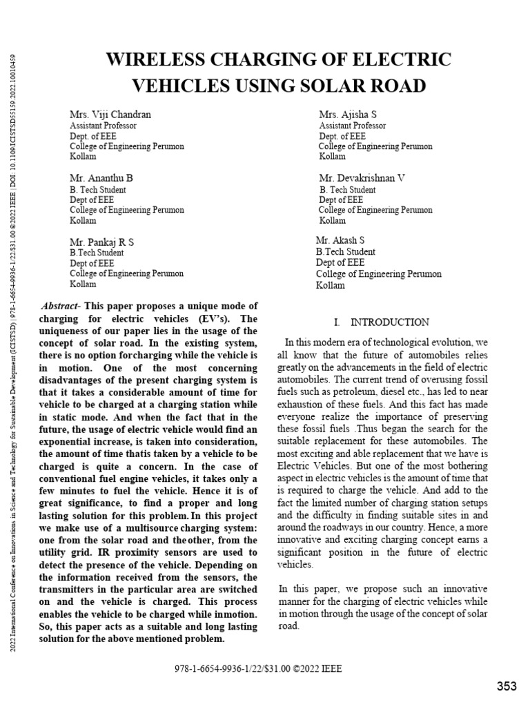 Wireless Charging of Electric Vehicles Using Solar Road | PDF | Rectifier | Direct Current