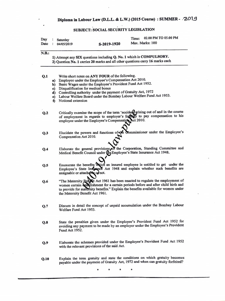 Social Security Legislation - Question Papers | PDF | Employment | Workers' Compensation