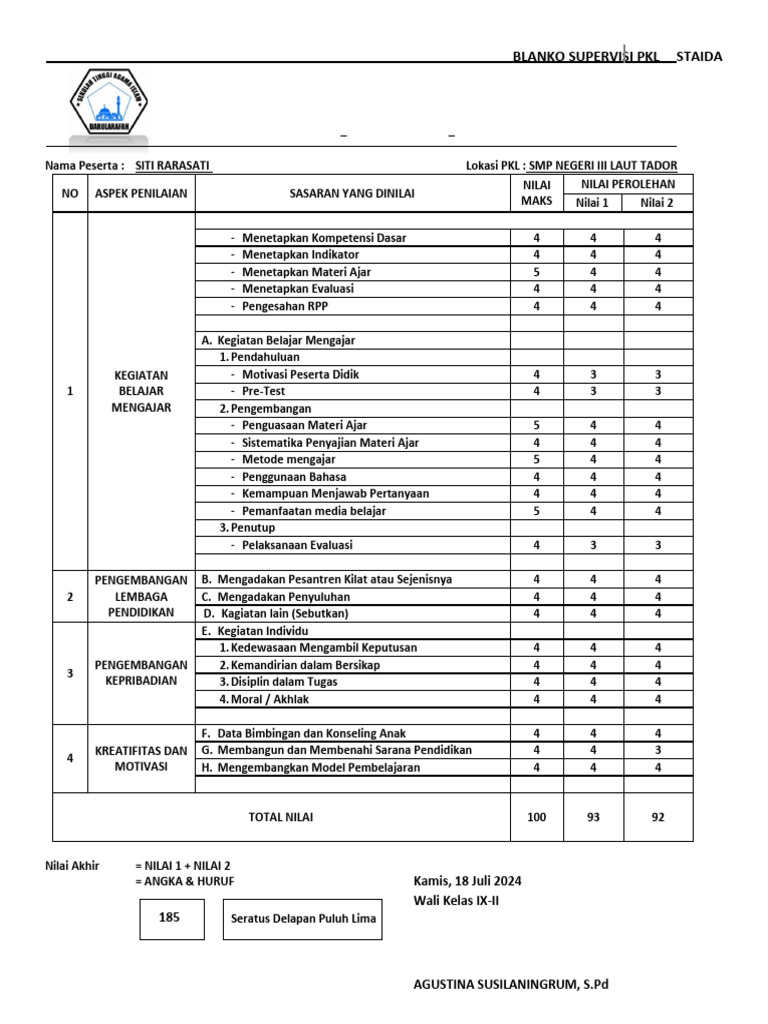 PKL - Blanko Penilaian Guru Pamong Raras Zami PRINT | PDF
