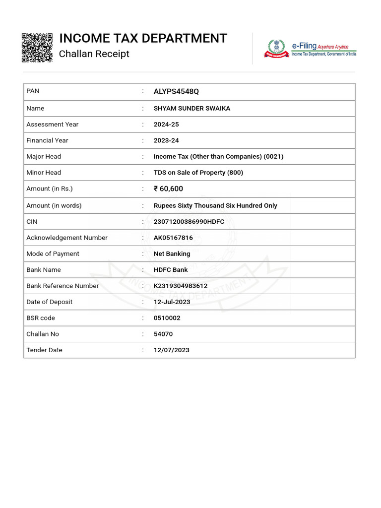 TDS Challan Copy Rs. 60600 | PDF