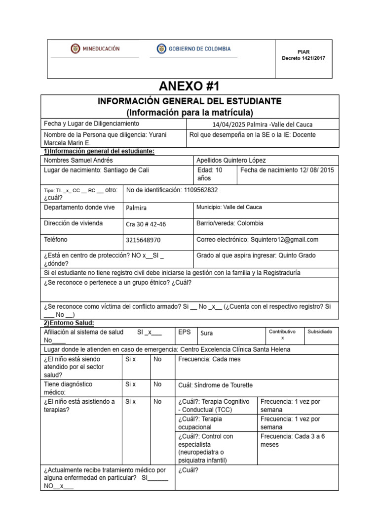 Matrícula Estudiante Samuel Quintero | PDF