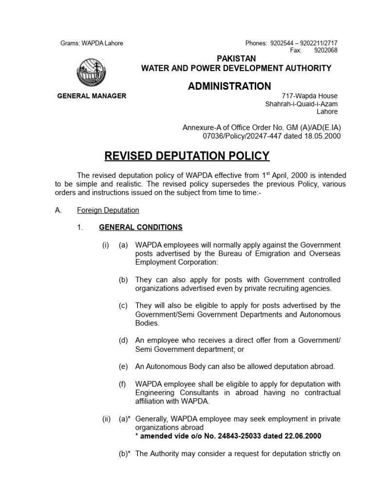 WAPDA Lahore Revised Deputation Policy | PDF | Salary