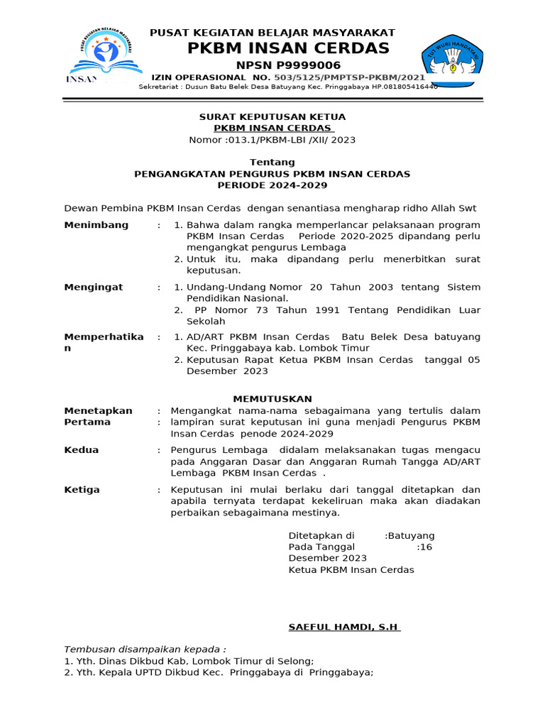 Pengangkatan Pengurus PKBM 2024-2029 | PDF