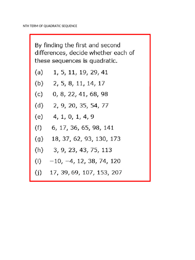 NTH Term of Quadratic Sequence | PDF