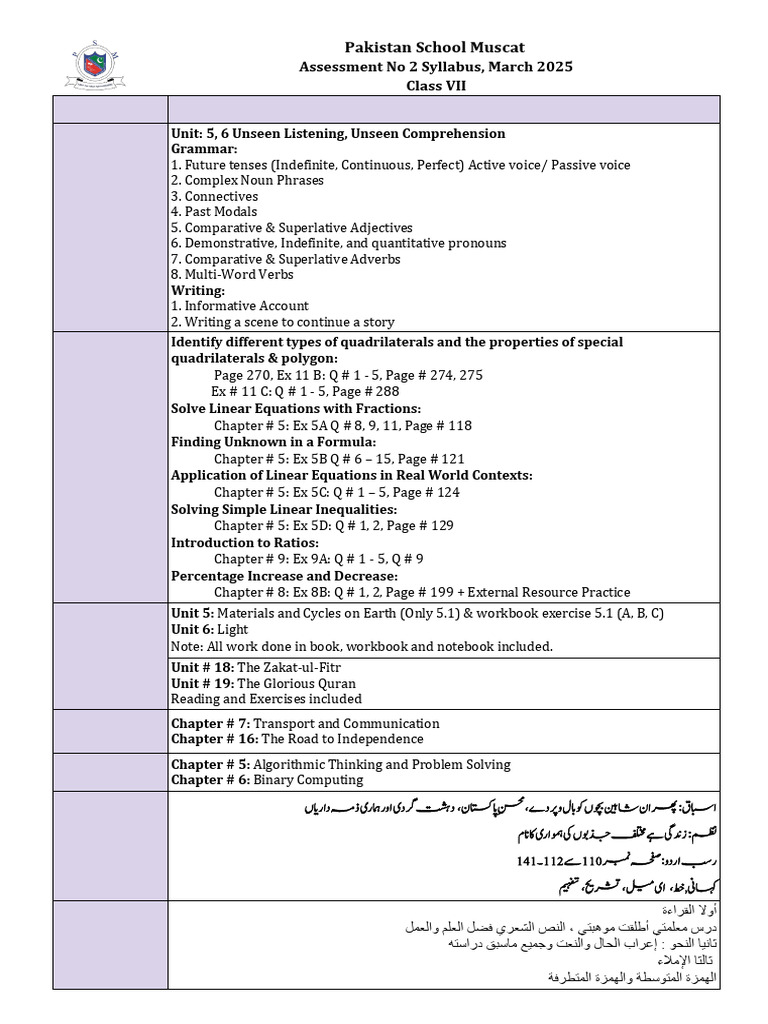 Class 7 Syllabus for 2025 | PDF | Verb | Syntax