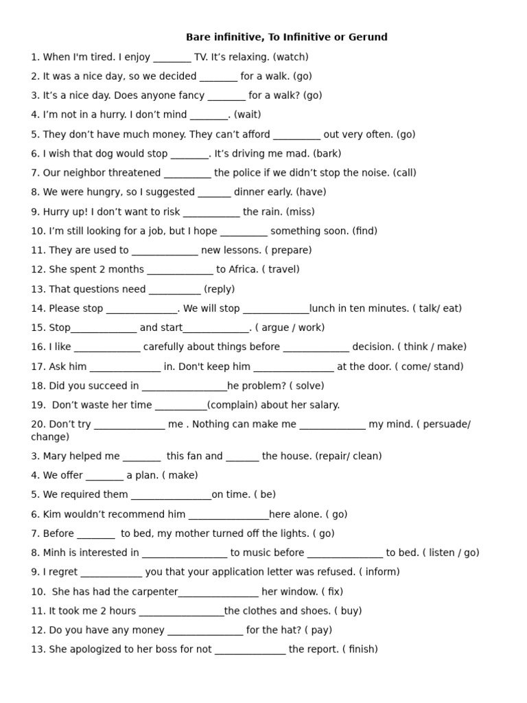 CLASS 7 MARCH 2025 BARE FULL INFINITIVE AND GERUND | PDF