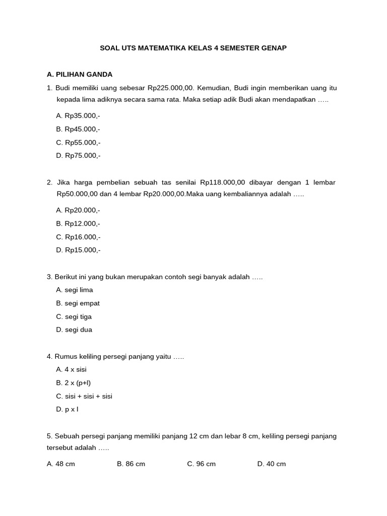 Soal Uts Matematika Kelas 4 Semester Genap | PDF