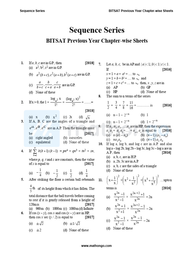 Sequence Series BITSAT Previous Year Chapter Wise Sheets MathonGo | PDF | Summation | Elementary ...