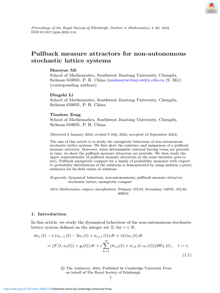 Pullback Measure Attractors For Non Autonomous Stochastic Lattice Systems Pdf Dynamical