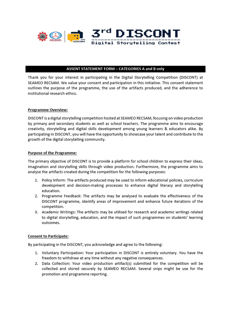 Assent Form (Categories A and B) | PDF | Human Communication | Learning