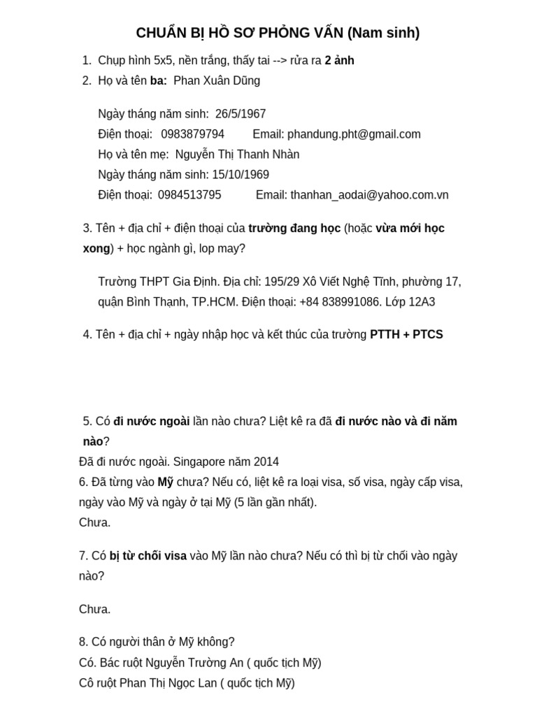 THONG TIN DE DIEN FORM VISA - Nam Sinh | PDF