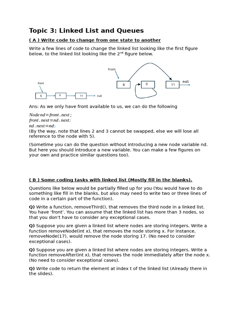 Major 1 - Llinked Lists and Queues - Type of topics and questions | PDF ...