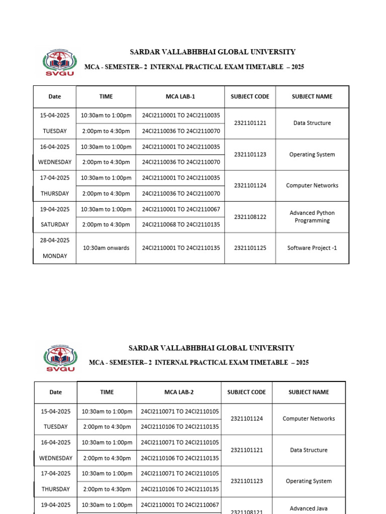 Mca Sem-2 Internal Exam Time Table | PDF | Academic Term
