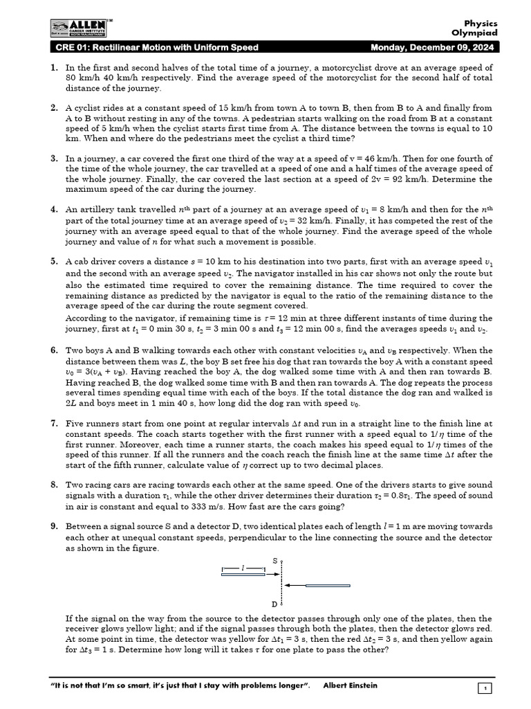 CRE 01. Rectilinear Motion With Uniform Speed | PDF | Speed | Motion (Physics)