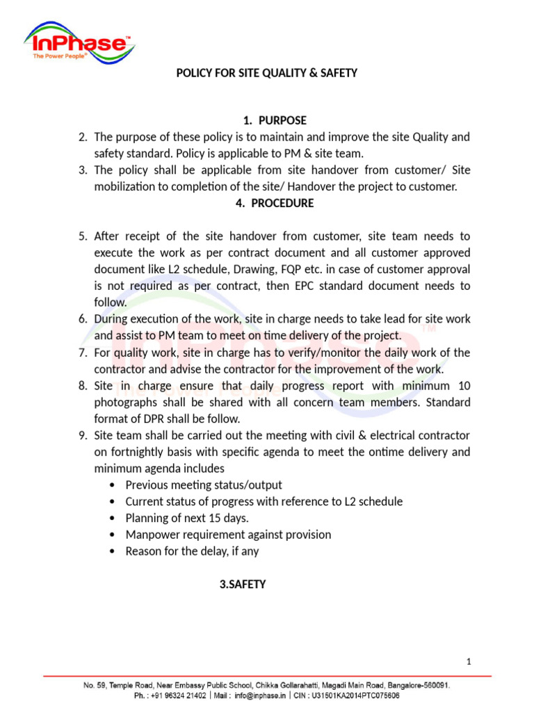 Site Quality and Safety Policy Guide | PDF | Personal Protective ...