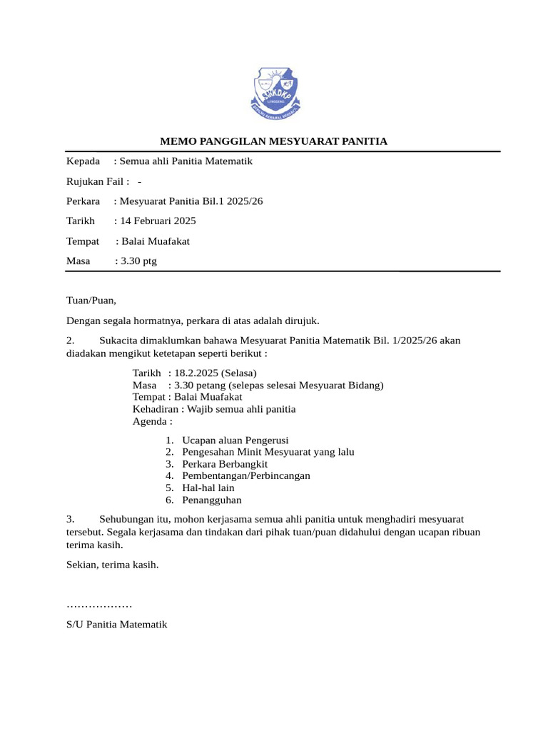 Memo Panggilan Mesyuarat Panitia 1 2025 | PDF