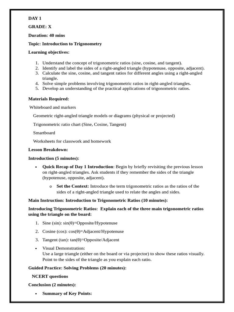 class x lesson plan daywise trigonometry | PDF | Epithelium | Muscle