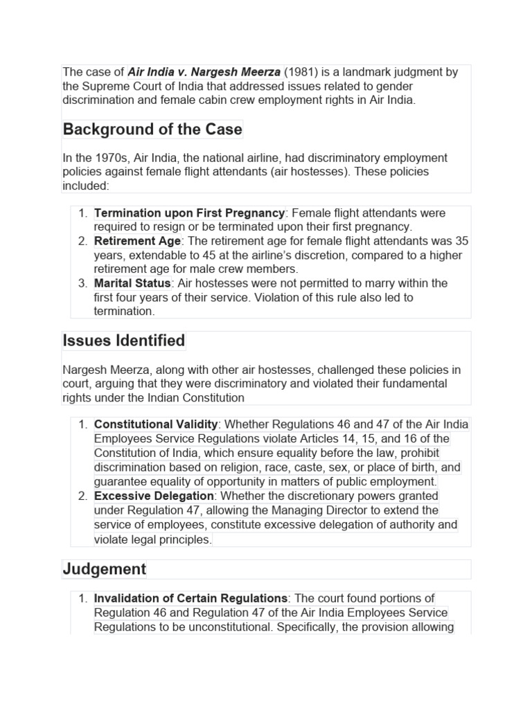 The Case of Air India v. Nargesh Meerza | PDF | Flight Attendant ...