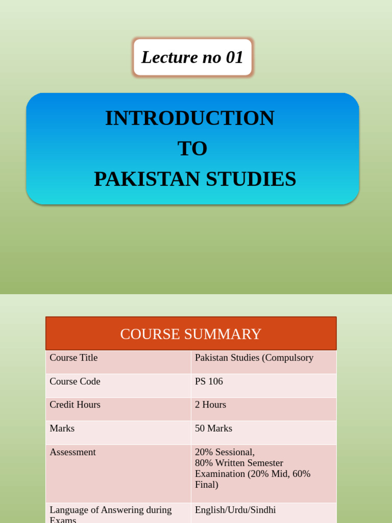 Lecture 01 INTRODUCTION TO PAKISTAN STUDIES | PDF | Pakistan | Muhammad ...