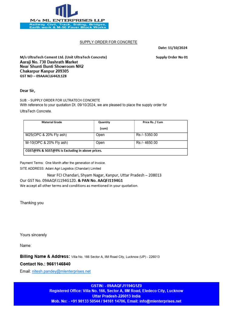 Supply Order and TDS Declaration for Concrete | PDF | Invoice