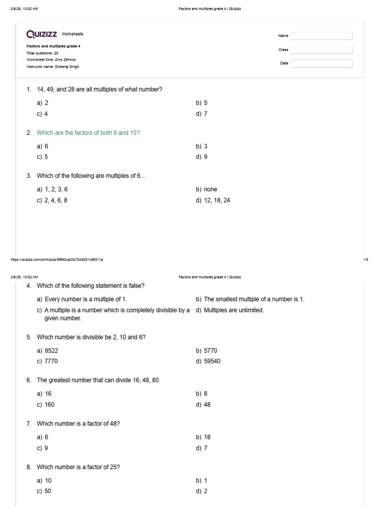 Factors and Multiples Grade 4 - Quizizz | PDF | Numbers | Mathematics