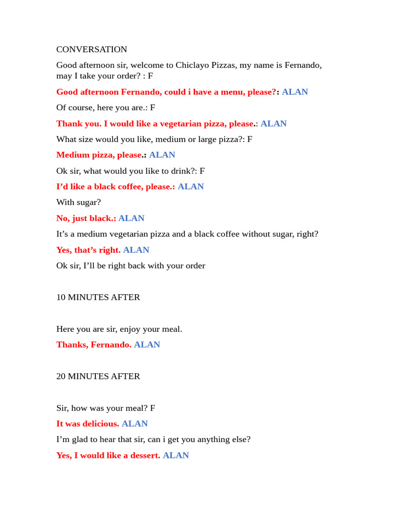 Chiclayo Pizzas Order Conversation | PDF