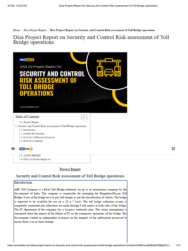 Disa Project Report On Security and Control Risk Assessment of Toll ...