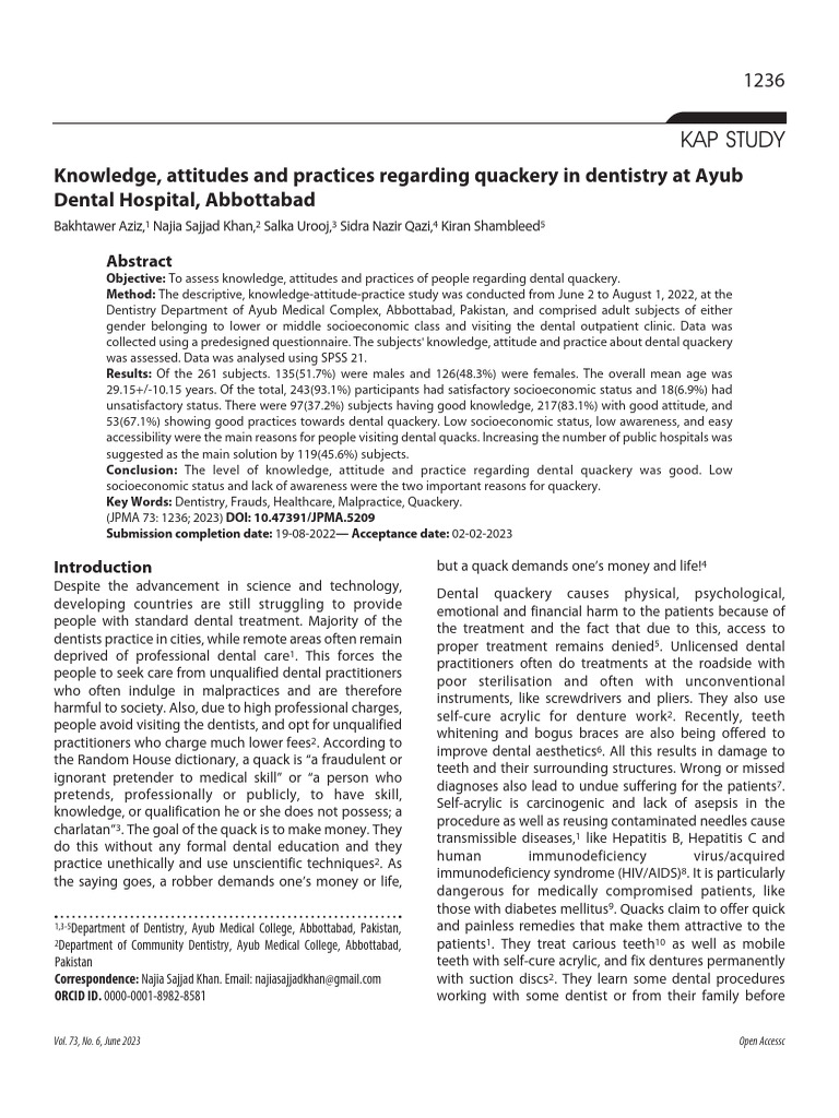 Knowledge Attitudes And Practices Regarding Quacke Pdf Dentistry