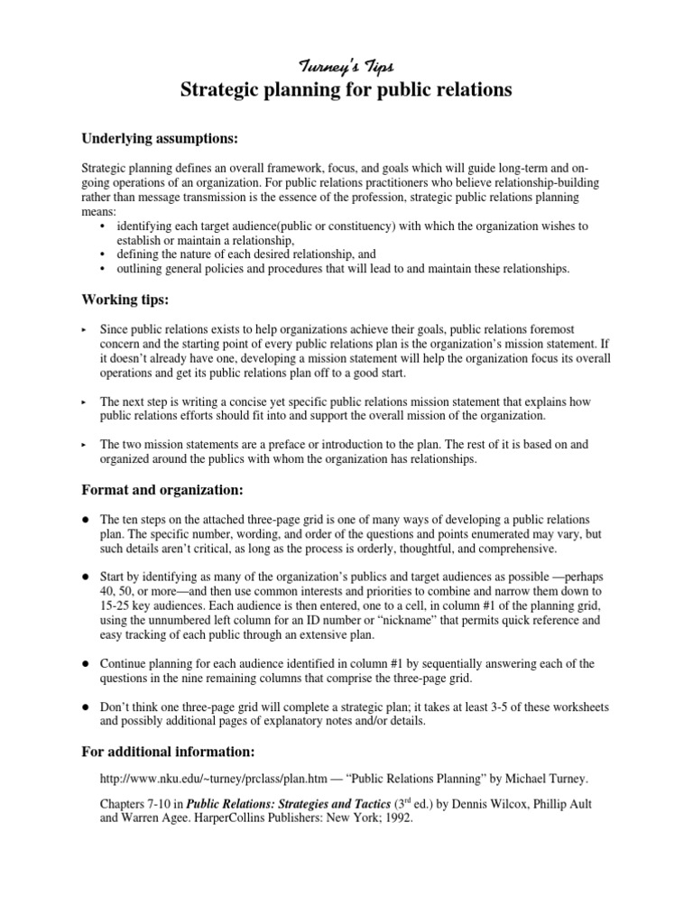 Strategic Planning For Public Relations: Turney's Tips | PDF | Public ...