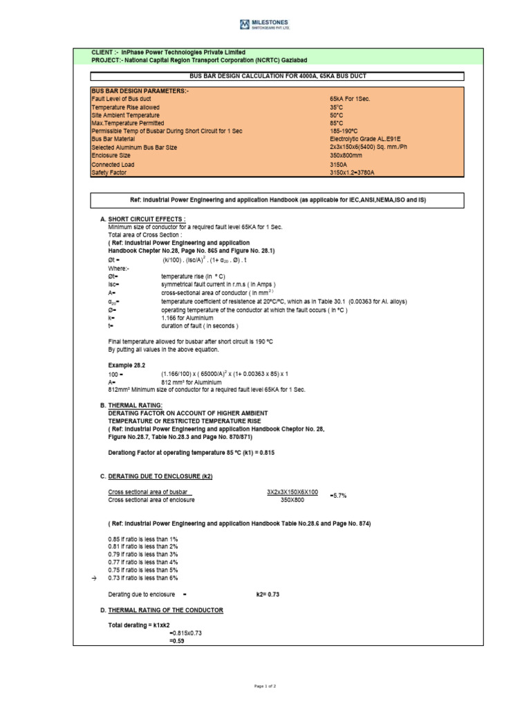 Bus Bar Calculation For 4000a, 65ka | PDF | Electrical Resistivity And ...