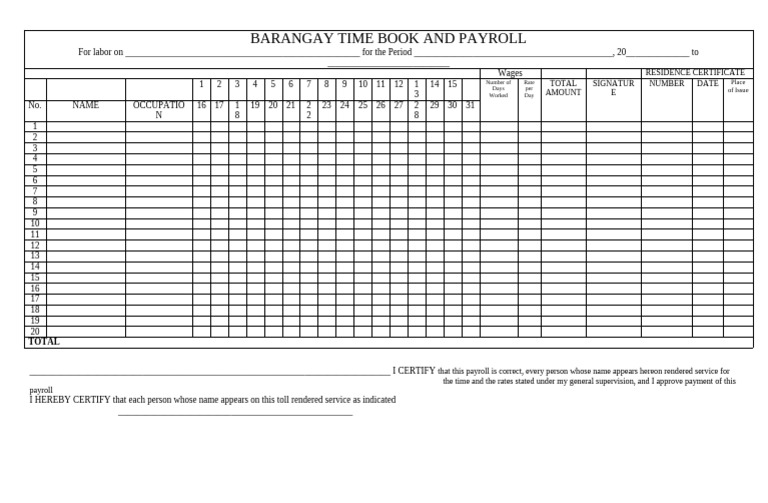 Barangay Time Book and Payroll Form | PDF