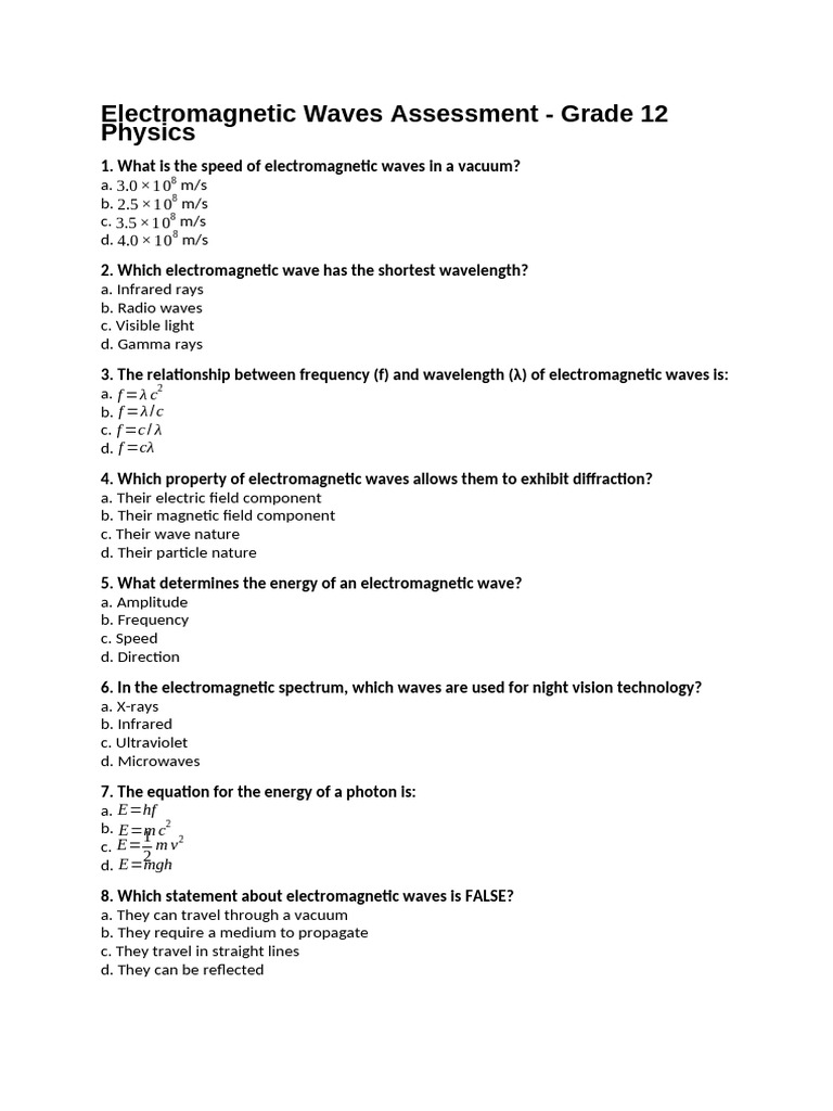 Grade 12 Electromagnetic Waves Quiz | PDF
