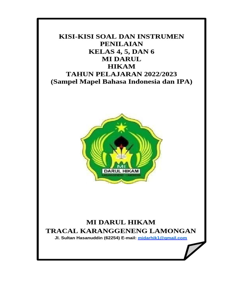 11. Kisi-kisi Soal Dan Instrumen Penilaian Formatif Dan Sumatif SD Kelas 4, 5, 6 (1) | PDF