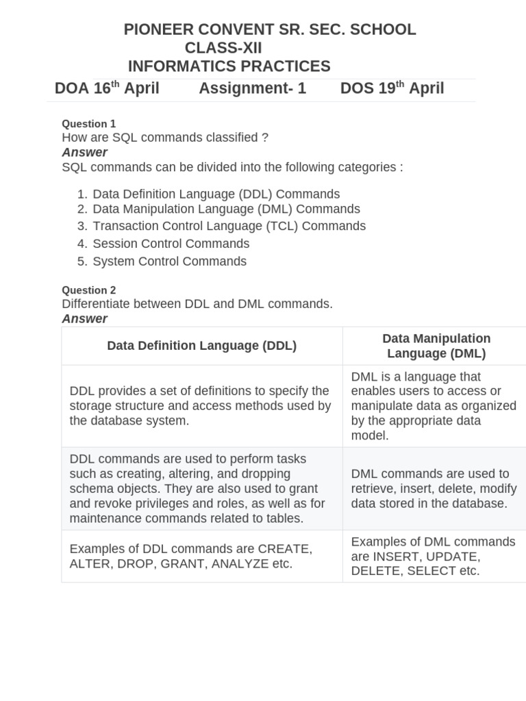 CLASS 12 IP MYSQL ASSIGNMENT NO 1 | PDF | Data Management | Computing