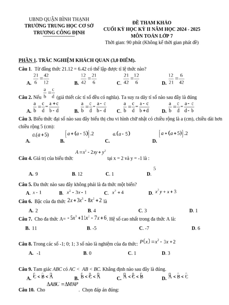 Toan 7 - Cuoi Ki 2 - TCD | PDF