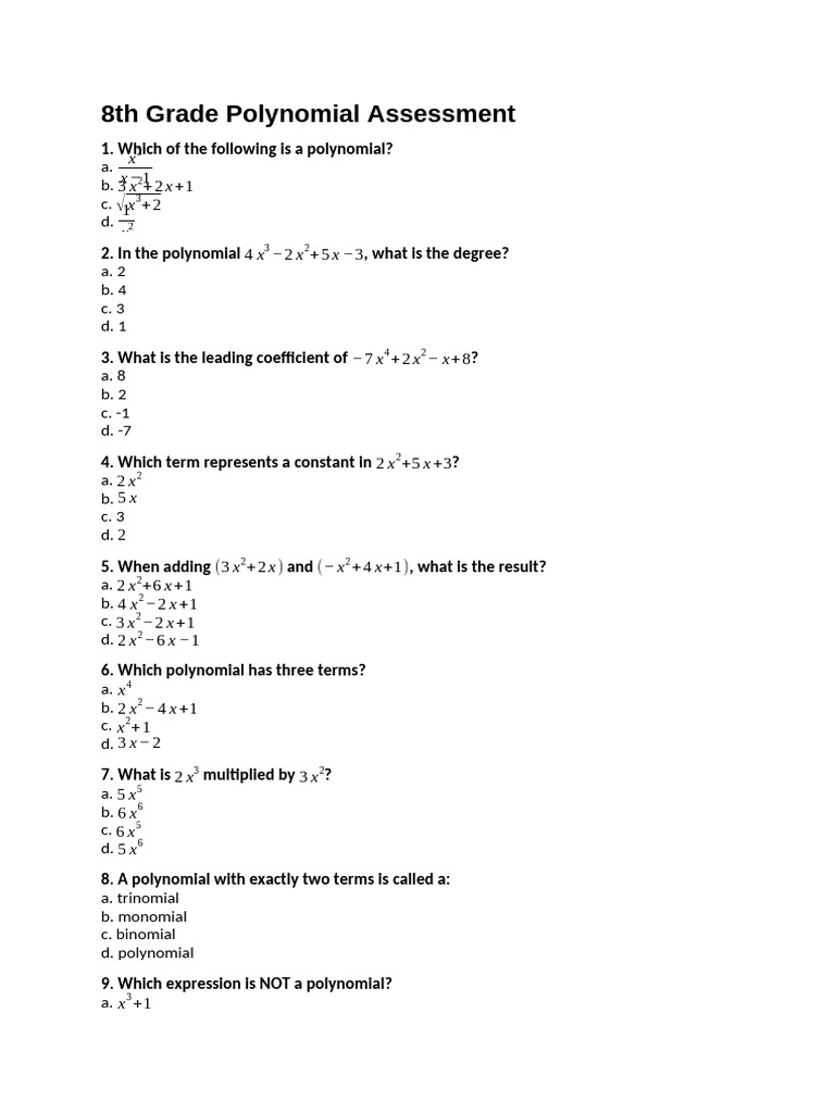 8th Grade Polynomial Assessment | PDF