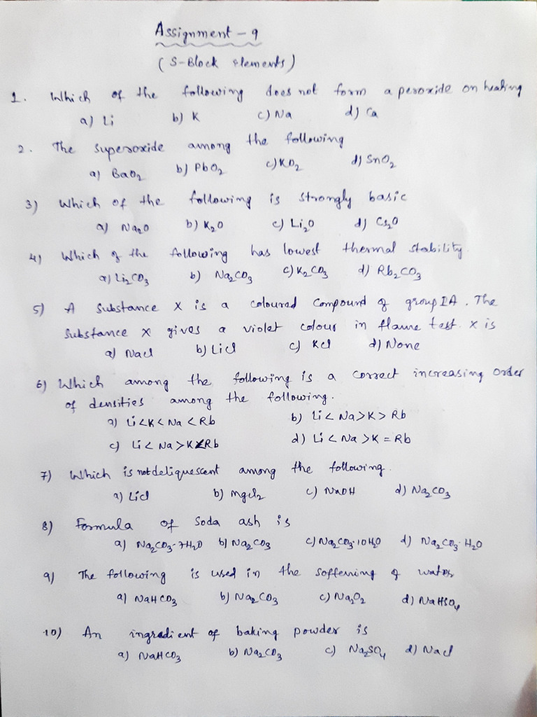 Assignment 9 (S Block Elements) | PDF | Sodium