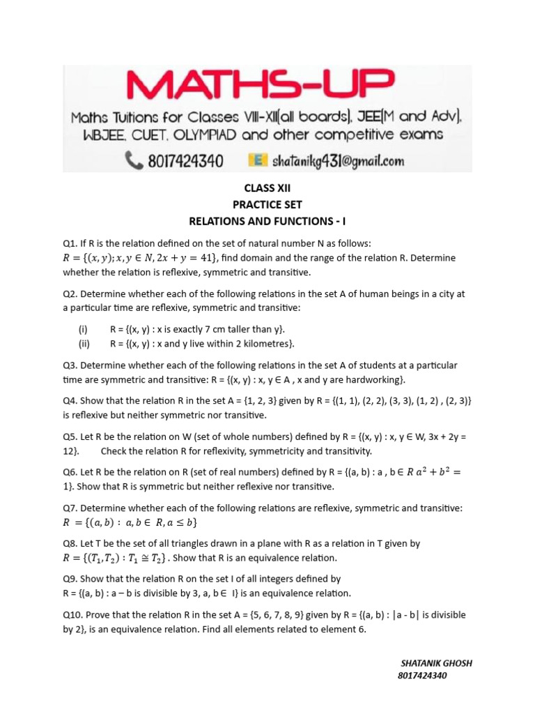 Class Xii Practice Set Relation and Function - 1 | PDF | Elementary Mathematics | Mathematical ...