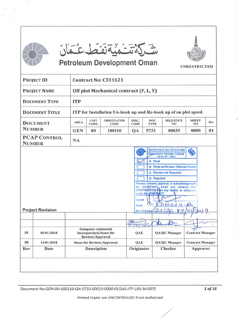 GEN 00 100110 QA 5733 00033 0000 01 (SAS ITP 105 M 007) ITP For Installation Un Hook Up & Re ...