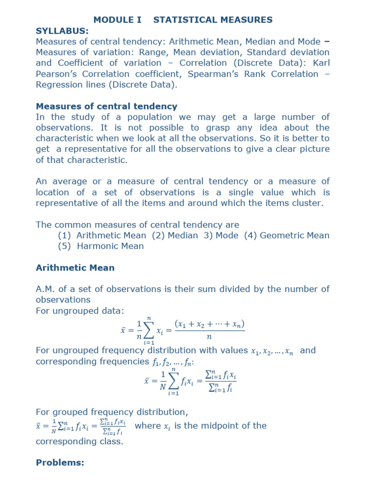 Module I - Statistical Measures Questions | PDF | Mode (Statistics) | Mean