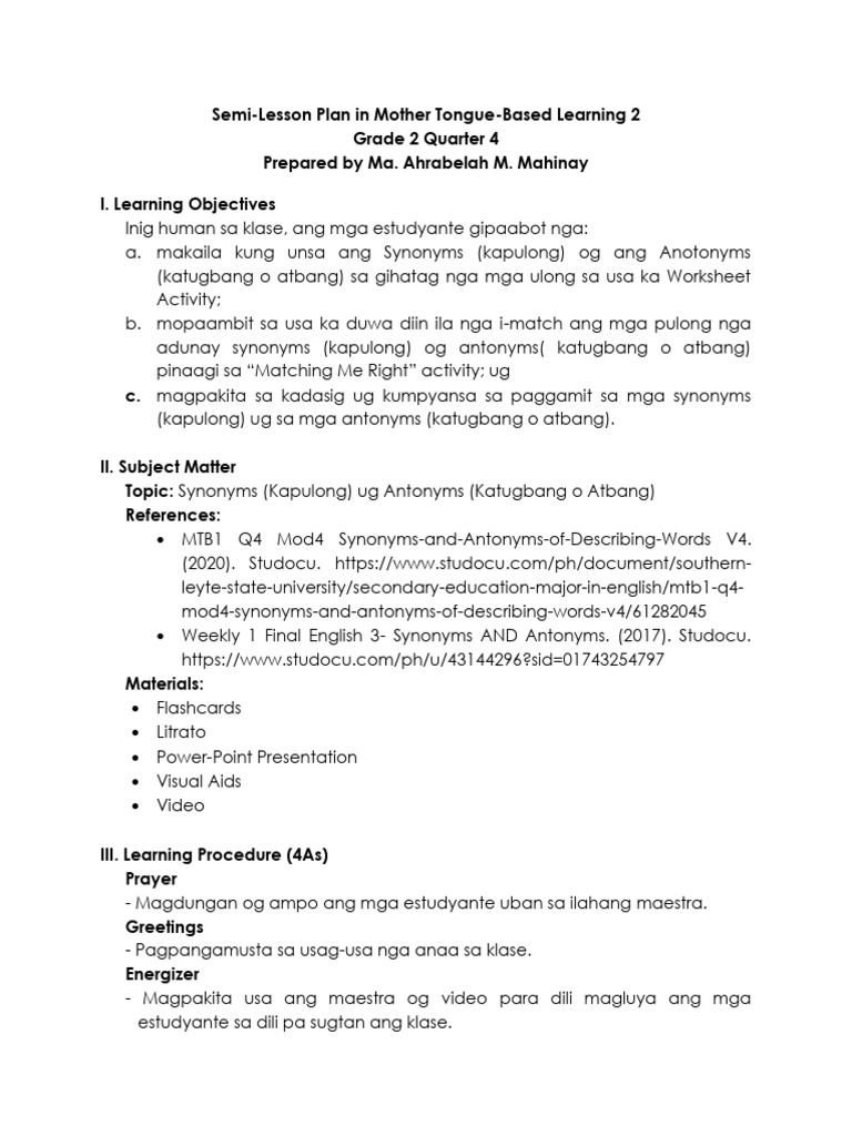 MTB 2 Lesson Plan | PDF
