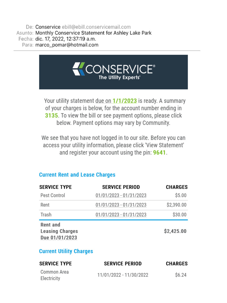 Monthly Conservice Statement For Ashley Lake Park | PDF
