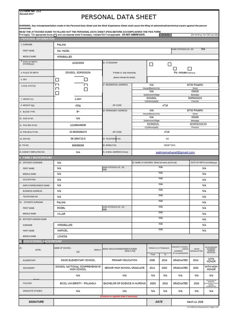 Personal Data Sheet (PDS) 2025 Form | PDF | Government
