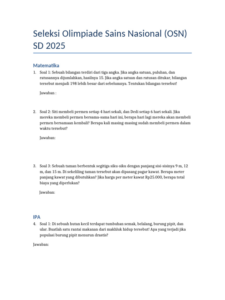 Soal Dan Jawaban OSN SD 2025 | PDF