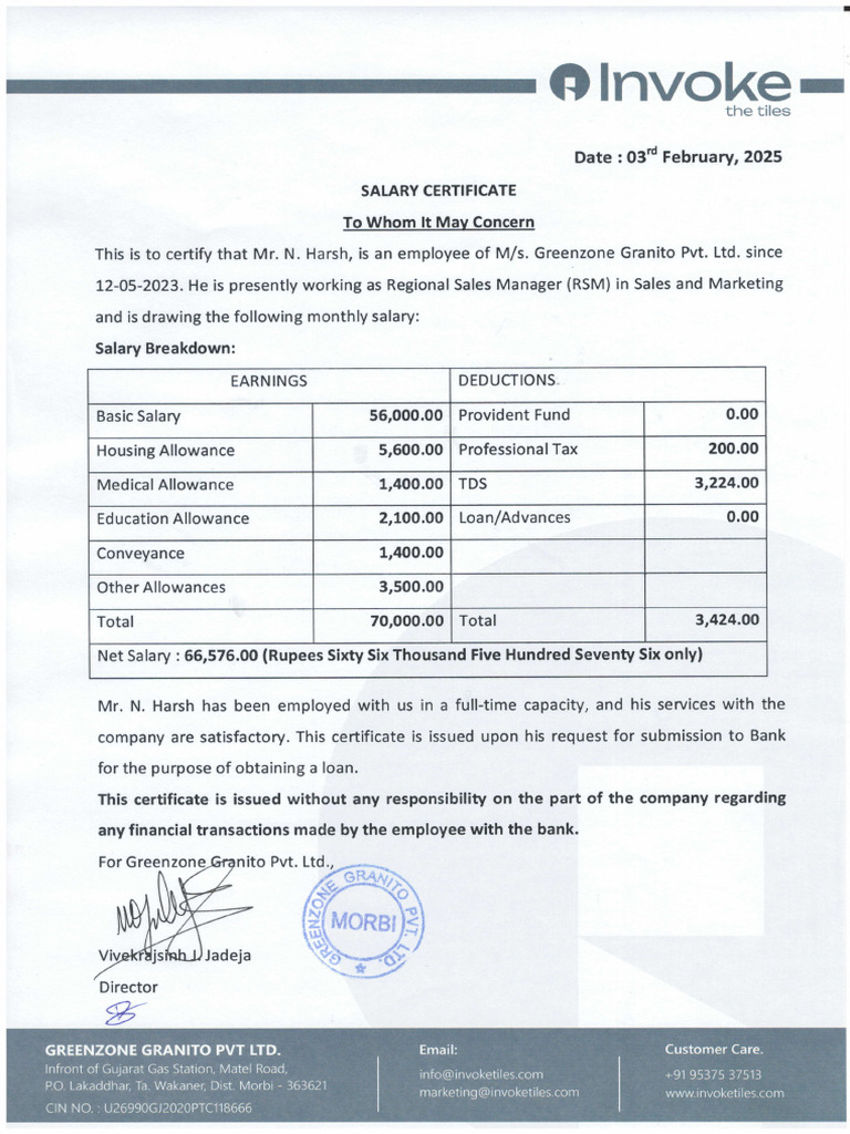 Salary Certificate - N. Harsh | PDF | Personal Finance